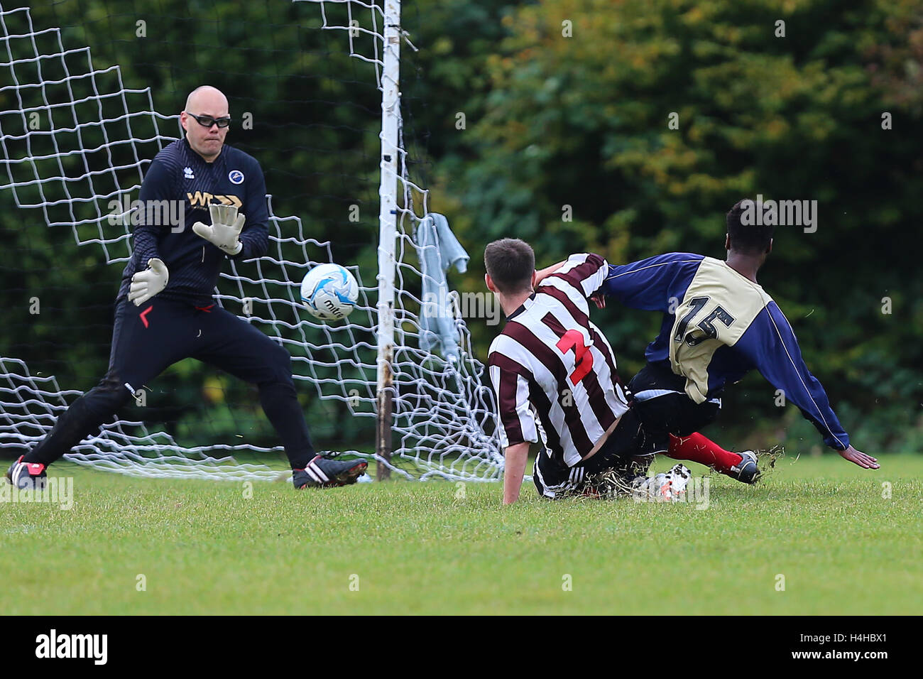 Maynell score their fourth goal during Bow Badgers (black/white) vs ...