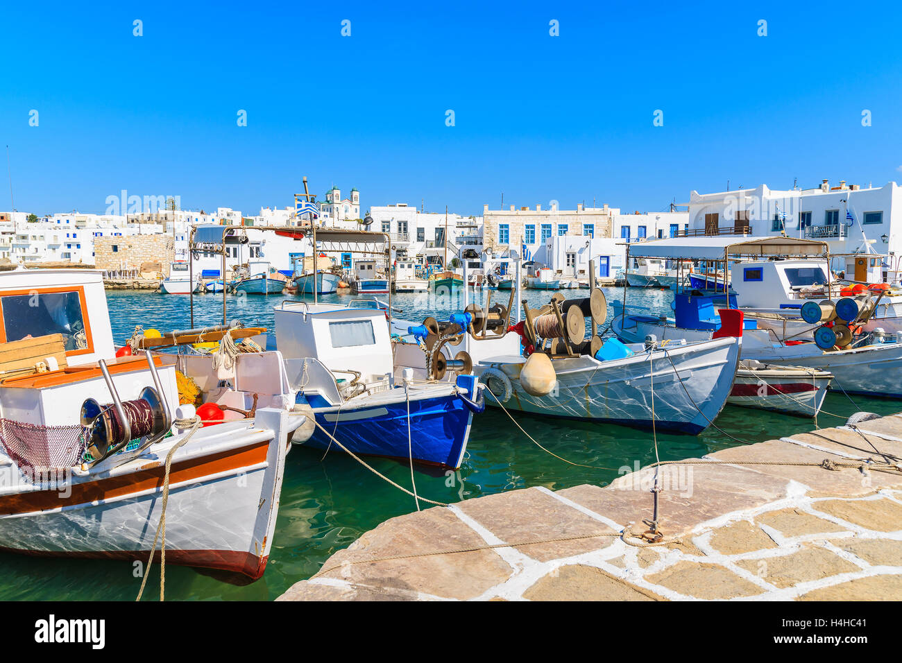 Typical fishing boats in Naoussa port, Paros island, Cyclades, Greece ...