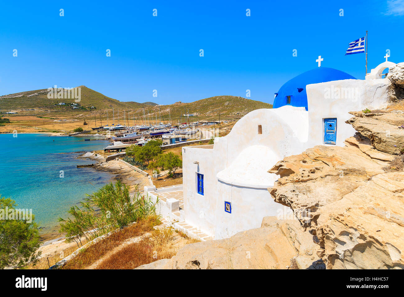 A typical white Greek church in Monastiri bay, Paros island, Greece ...