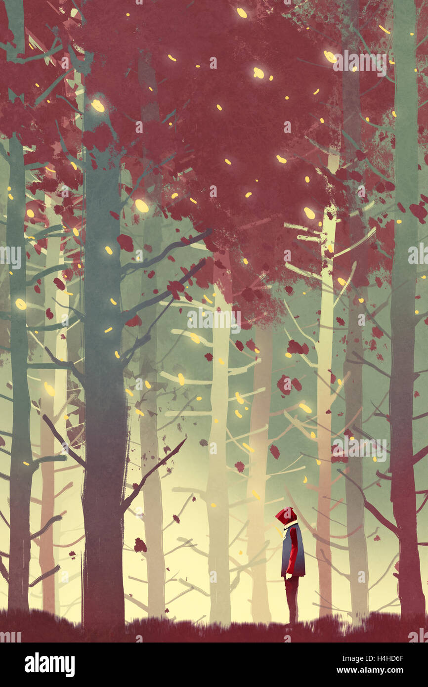 man standing in beautiful forest with falling leaves,illustration ...