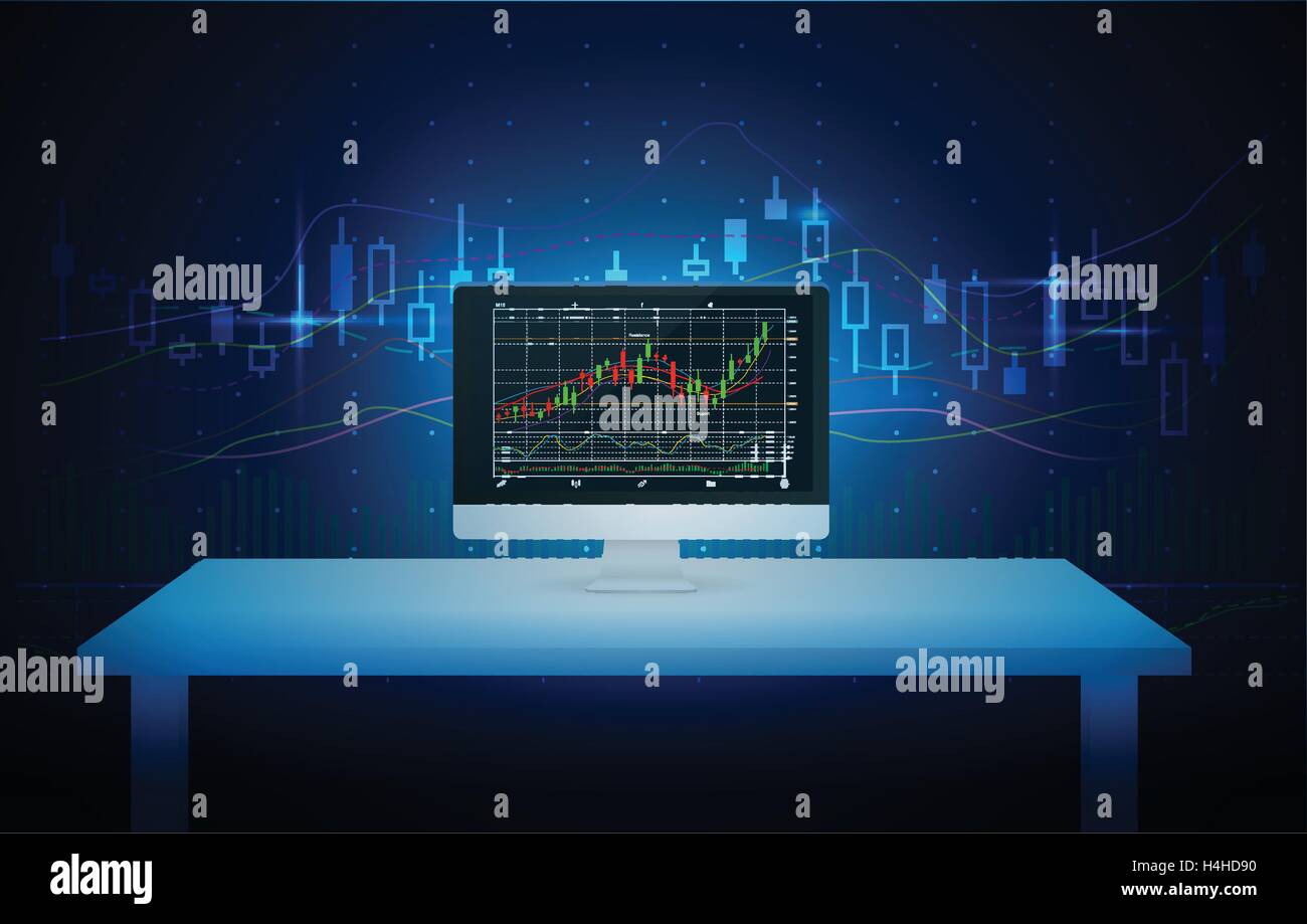 Computer showing stock chart on screen with blue theme Stock Vector ...