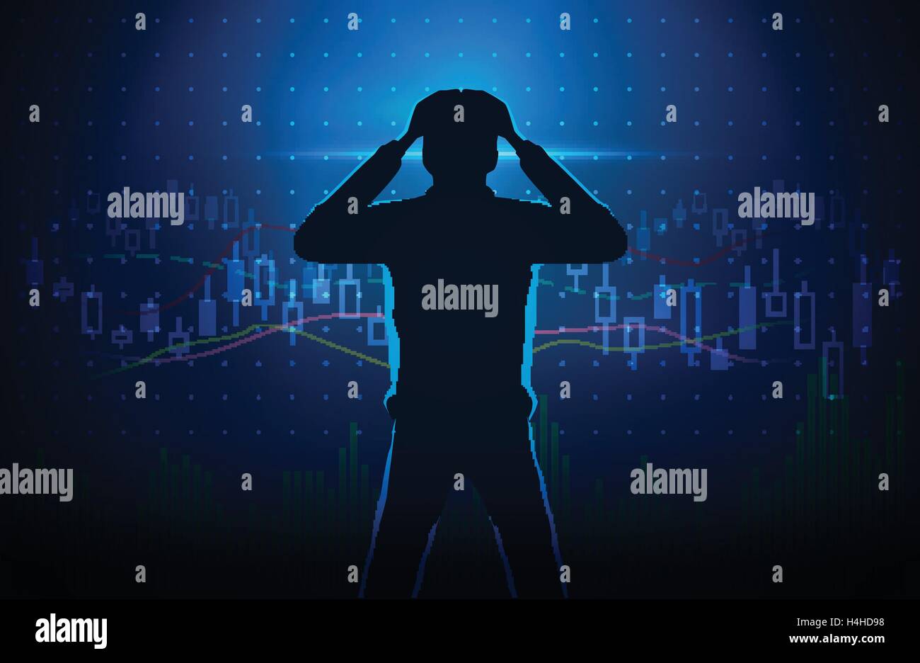 Silhouette of stressed investor on stock chart concept background Stock ...