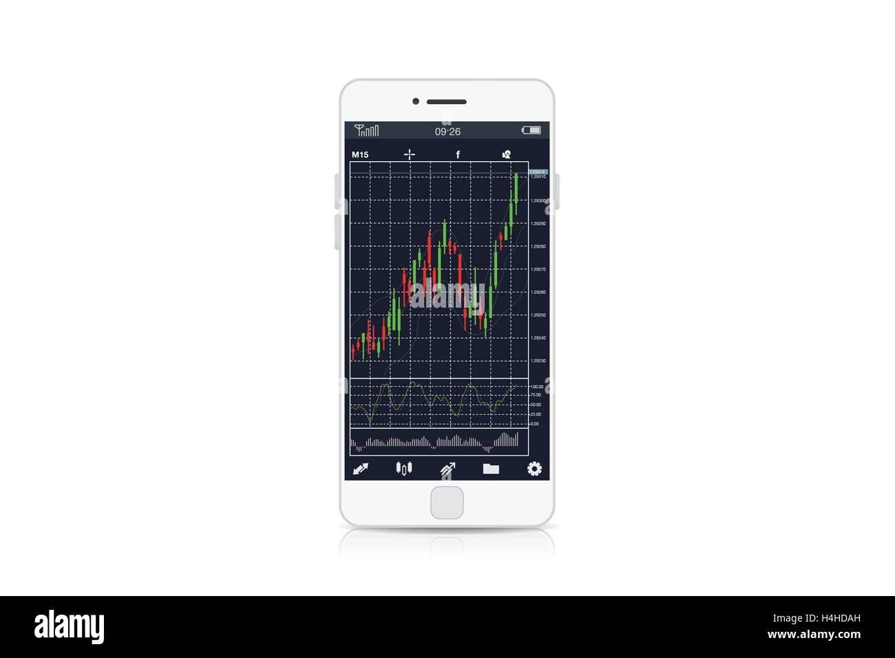 Stock chart on screen of white mobile phone isolated on white ...
