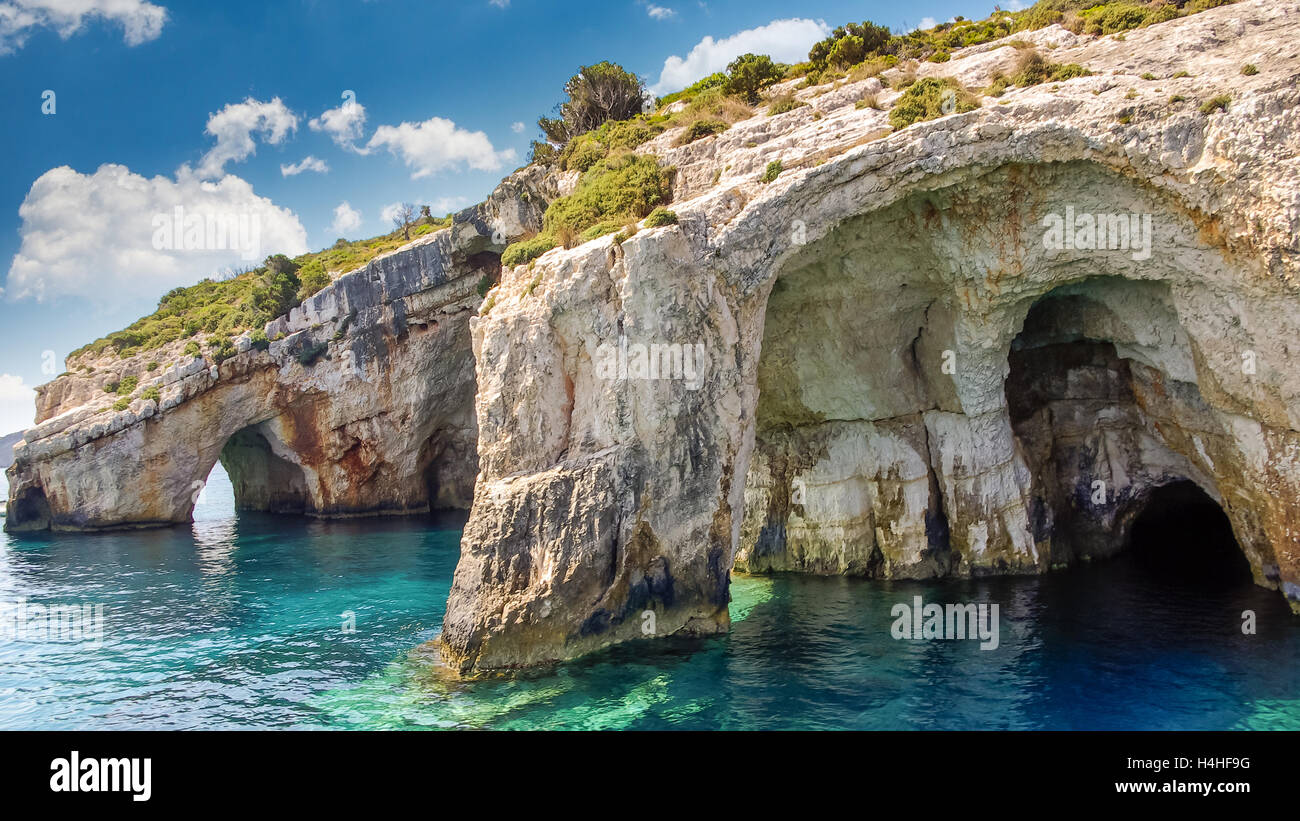 Blue caves on Zakynthos island, Greece. Famous blue caves view on Zante ...