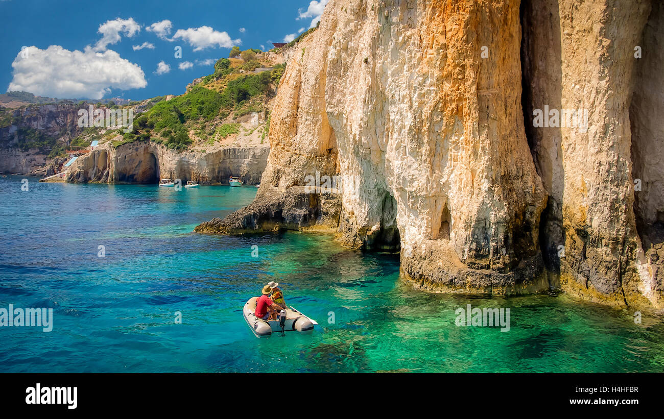 Blue caves on Zakynthos island, Greece. Famous blue caves view on Zante ...