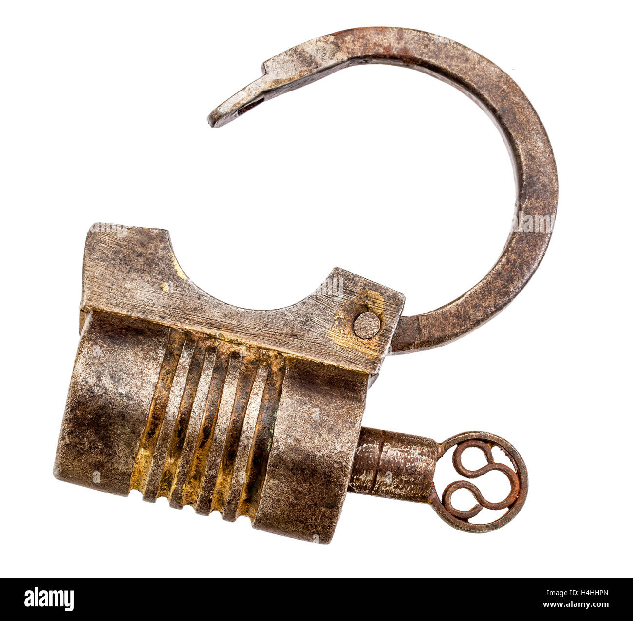 Vintage round shape hand crafted screw type iron padlock with a key ...