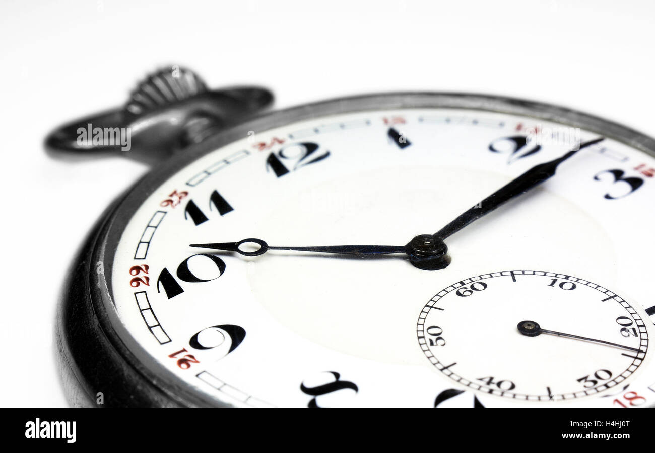 Old swiss pocket watch very close up perspective left isolated on white ...
