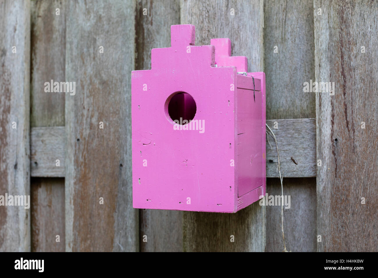 Pink birdhouse on a wooden fence in a garden Stock Photo - Alamy