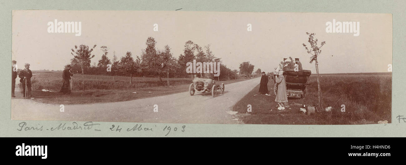 Country road with two cars and spectators, Anonymous, 1903 Stock Photo ...
