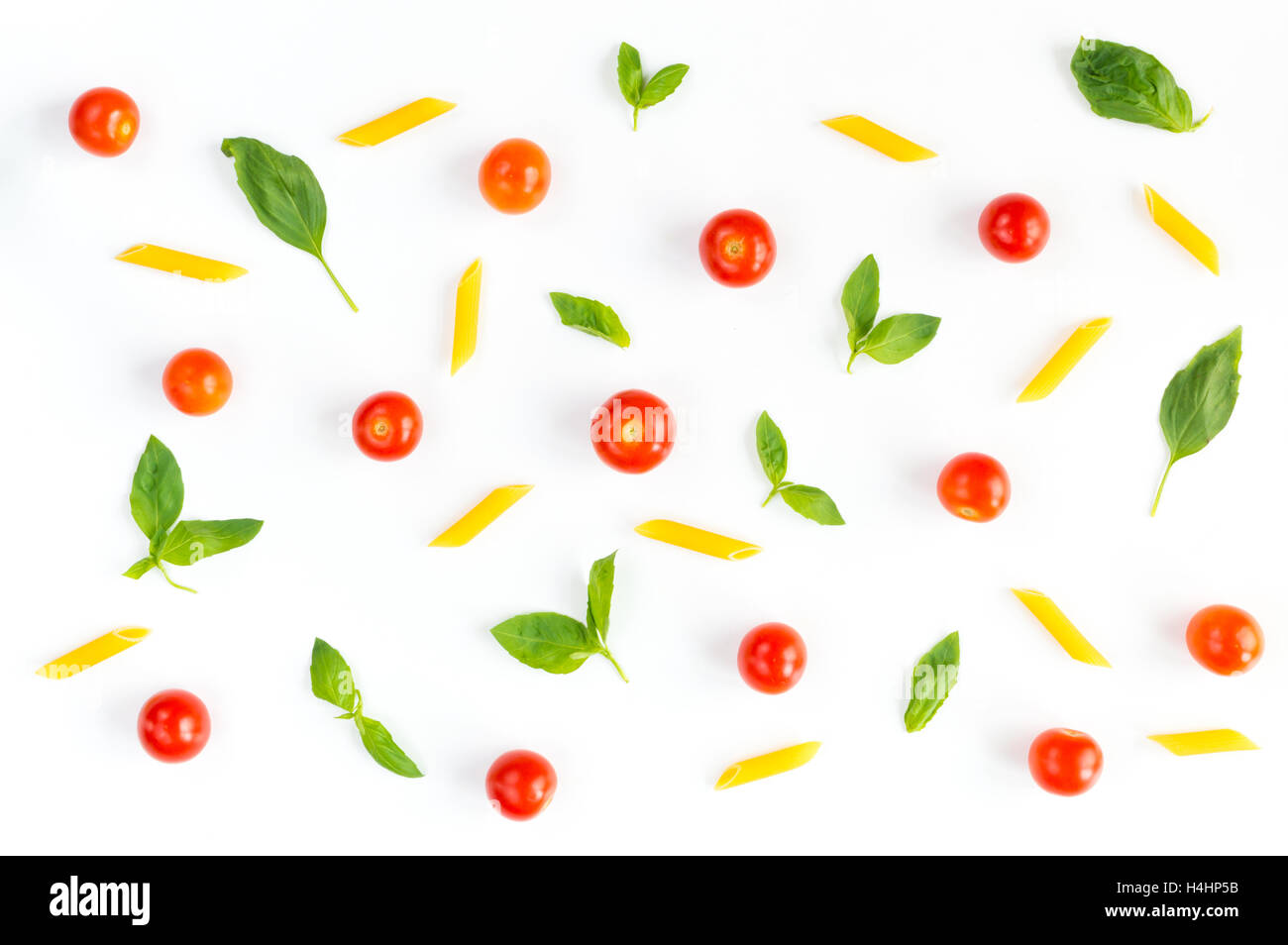 Italian food pattern with red tomatoes, pasta, basil leafs isolated on ...