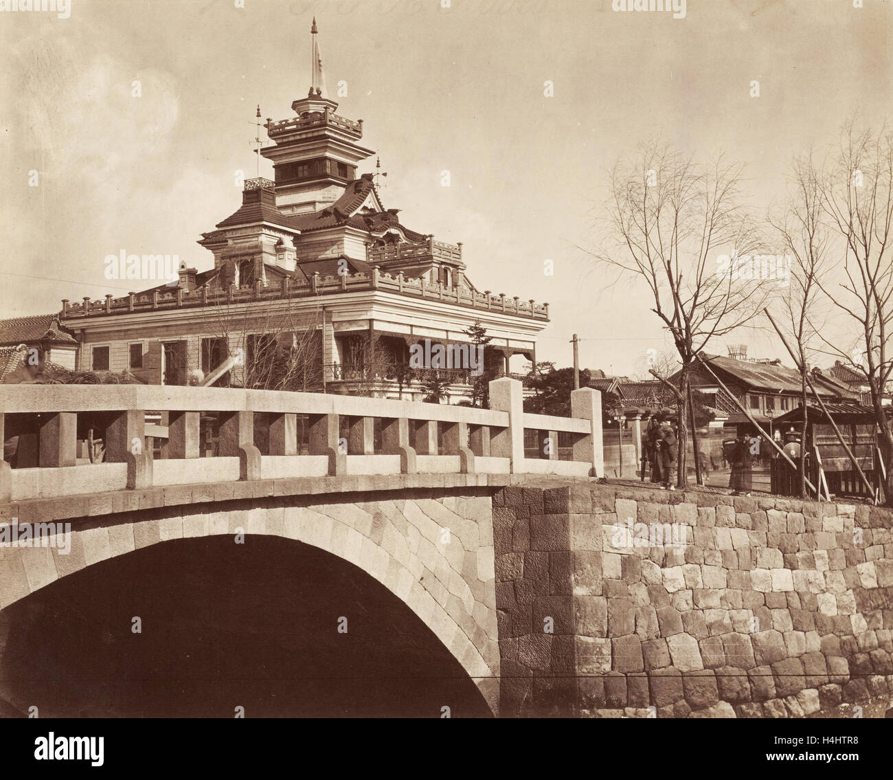 View of a bank building with bridge in the foreground in Tokyo Japan ...