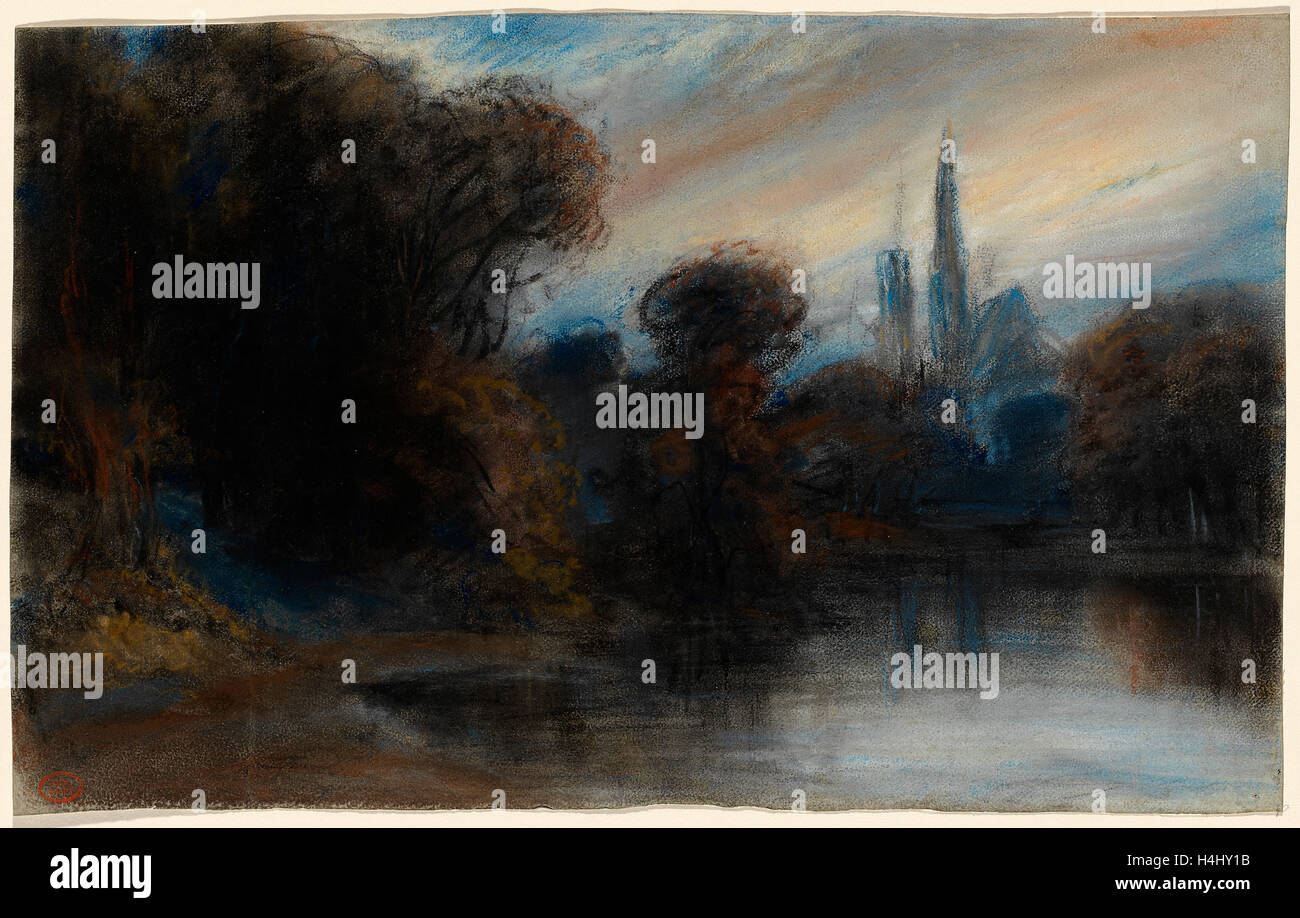 Paul Huet, French (1803-1869), An Abbey by a Wooded Lake at Twilight, c ...