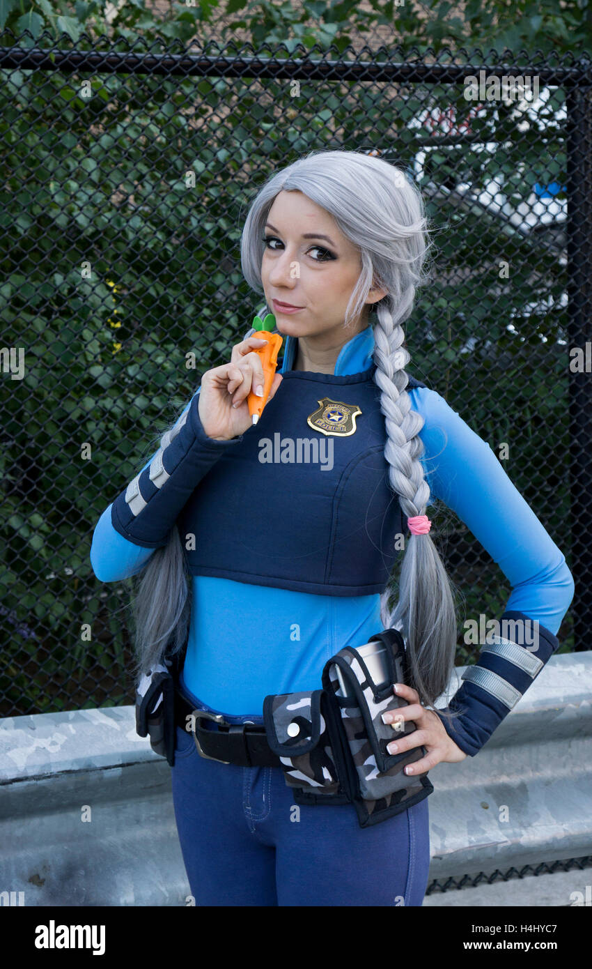 A pretty woman in her thirties dressed as Judy Hopps from Zootopia at ...