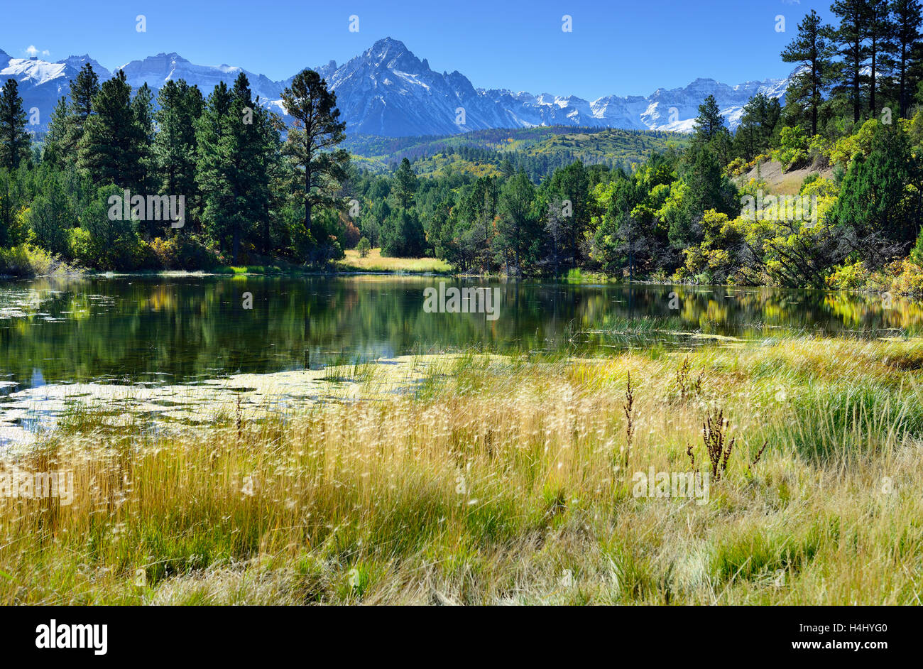 landscape view of the lake and snow covered mountains in the colorful ...