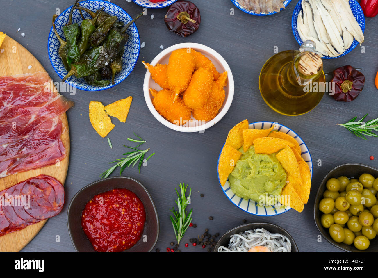 Table with spanish tapas Stock Photo - Alamy