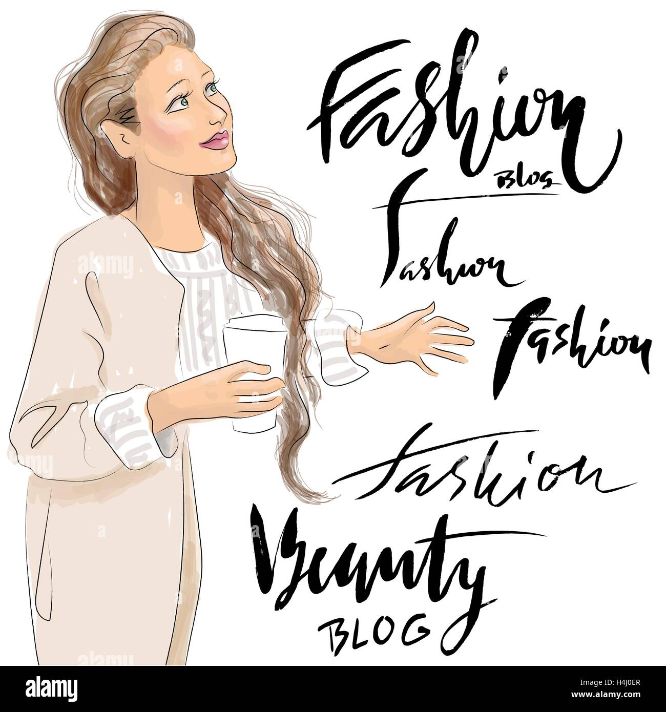 Cute vector girl illustration. Woman with mug of coffee. Fashion blog ...