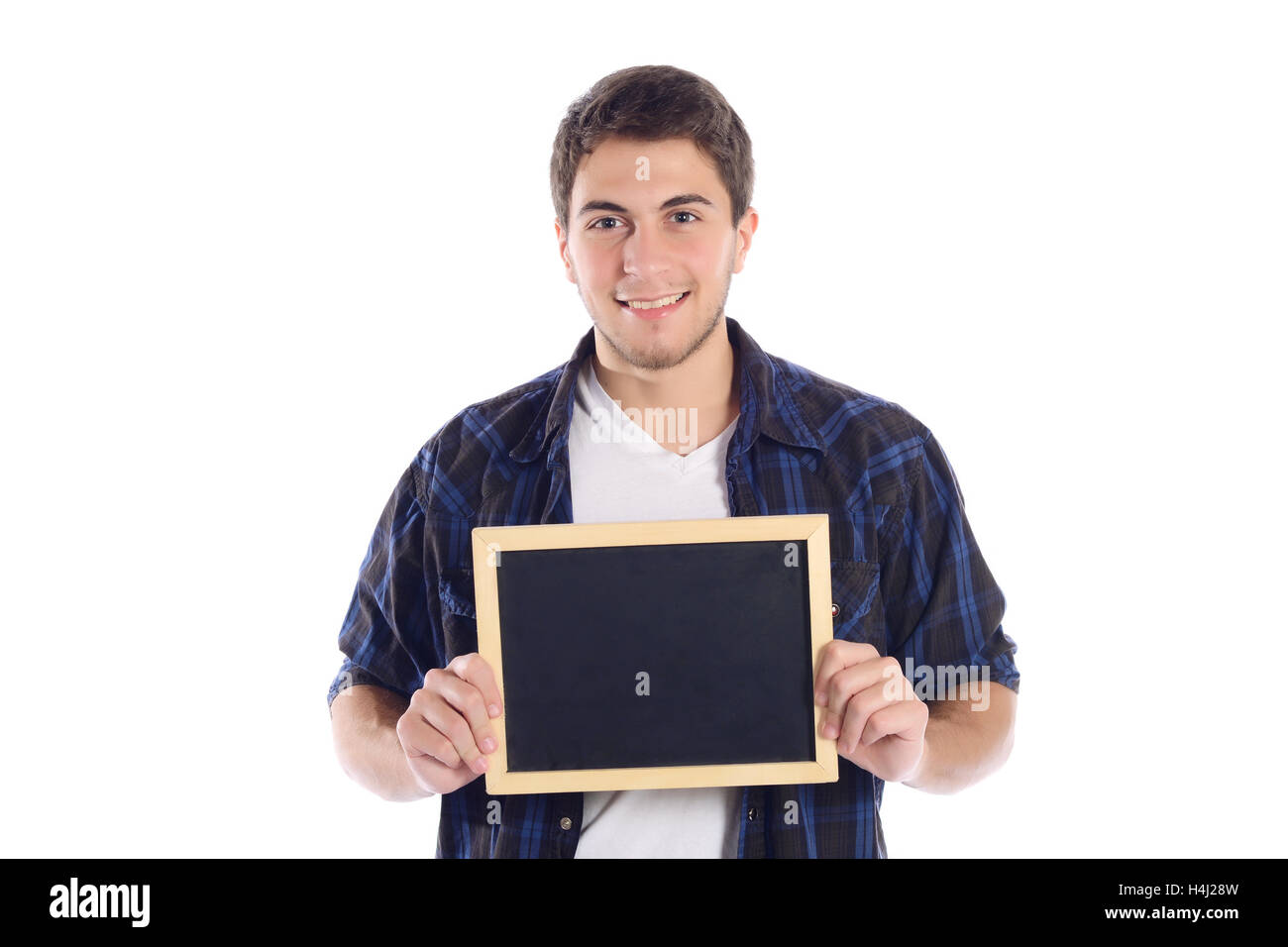 Portrait of latin man holding chalkboard. Isolated white background ...
