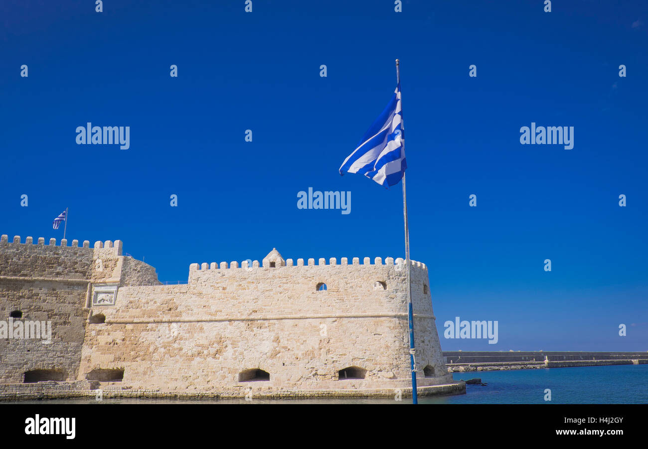 greek flag at the old Venetian Harbour in heraklion,crete Stock Photo ...