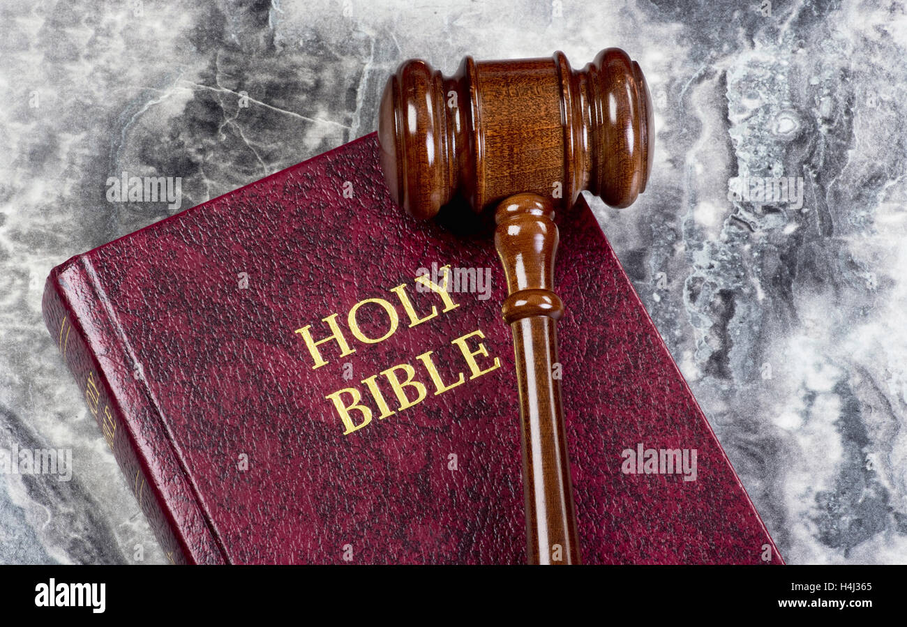 Wooden gavel on top of Bible with room for your type Stock Photo - Alamy