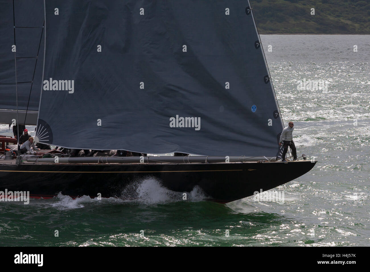 Close-up of the bow of J-Class yacht "Rainbow" manoeuvring before the ...