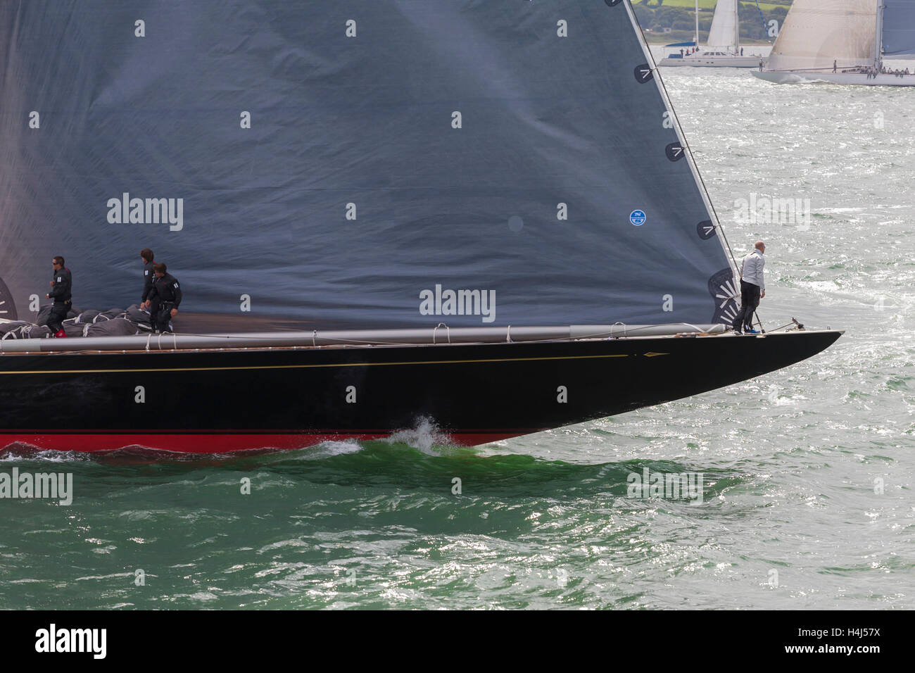 Big close-up of the bows of J-Class yacht "Rainbow" manoeuvring before ...