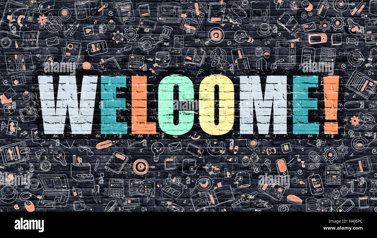 Multicolor Welcome on Dark Brickwall. Doodle Style Stock Photo - Alamy