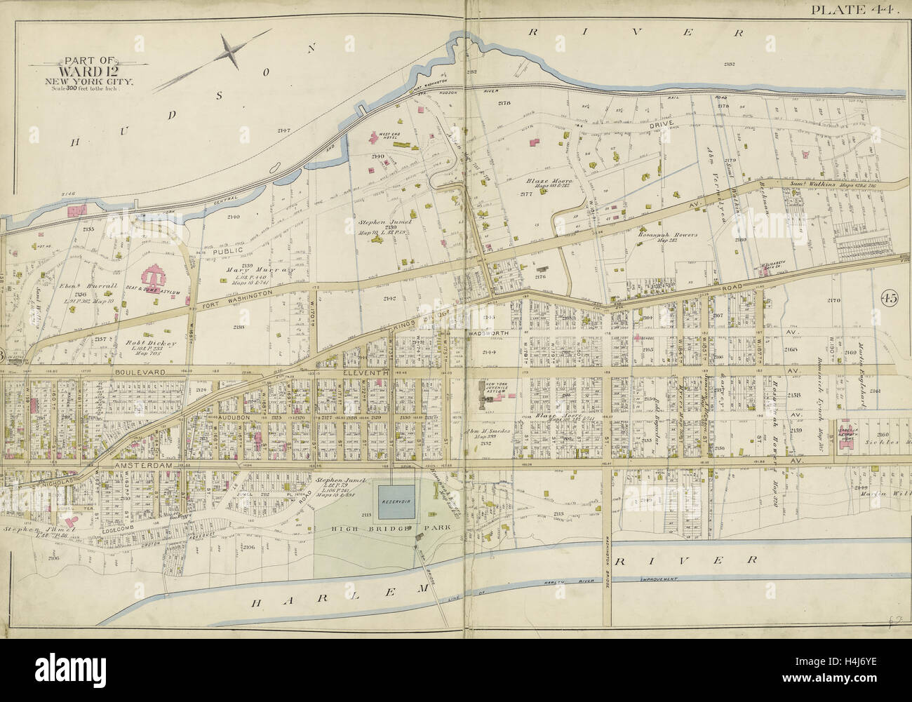Manhattan, Double Page Plate No. 44 Map bounded by Hudson River, Harlem ...