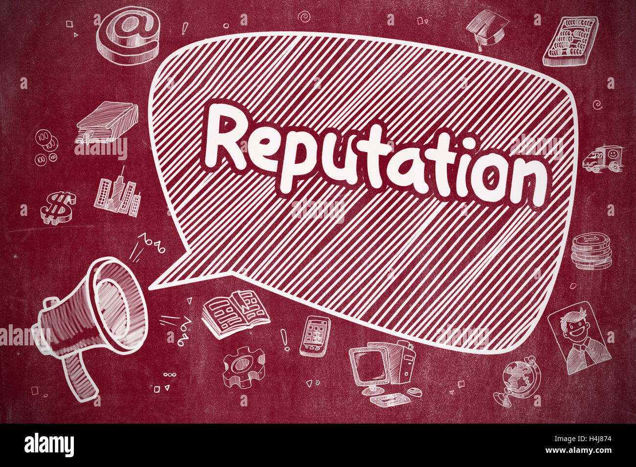 Reputation - Cartoon Illustration on Red Chalkboard Stock Photo - Alamy