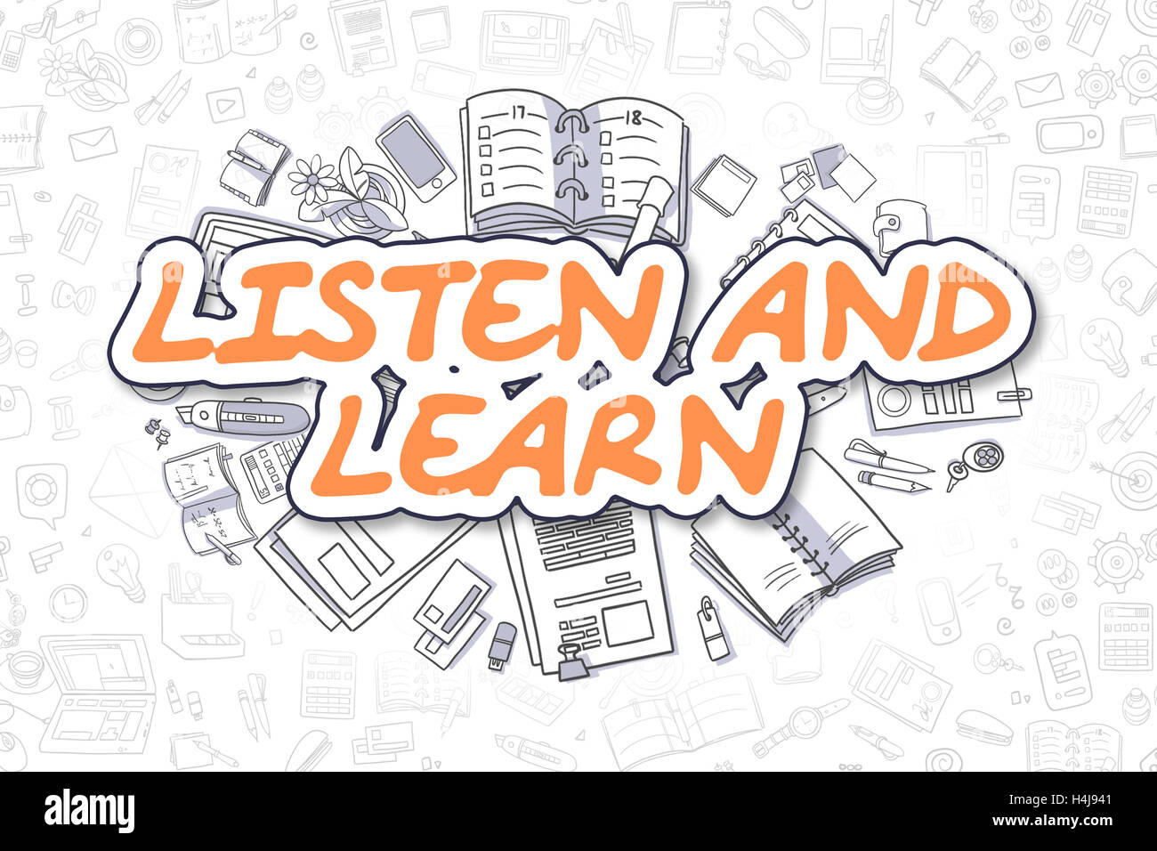 Listen And Learn - Doodle Orange Word. Business Concept Stock Photo - Alamy