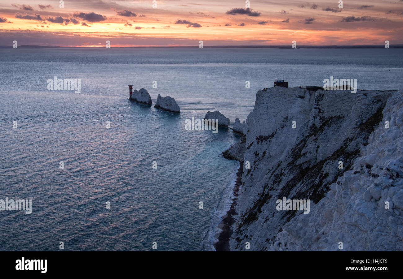 Sunset at the Needles lighthouse and battery on the Isle of Wight Stock ...