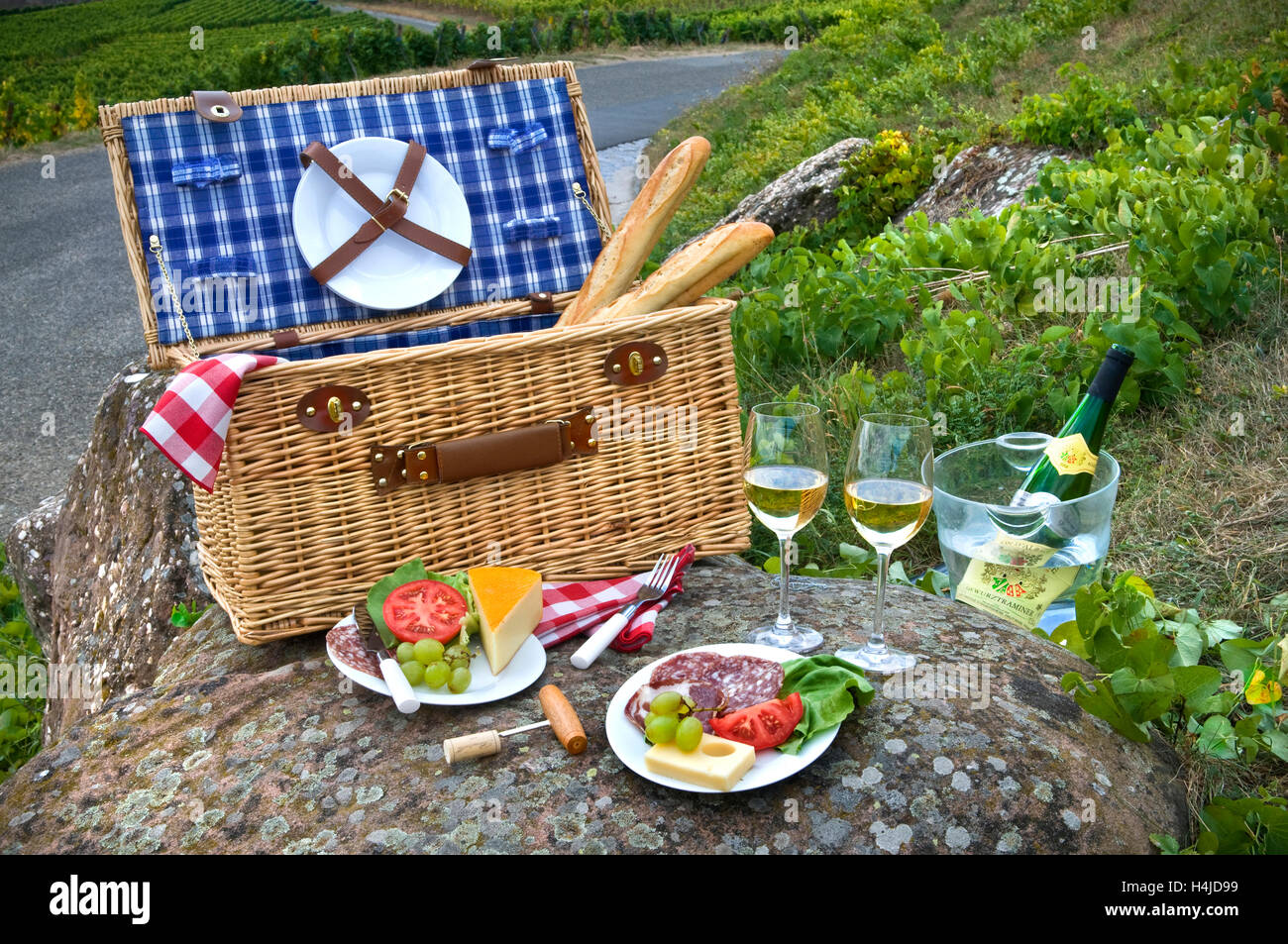 Roadside picnic in the vineyards above the medieval historic village of ...
