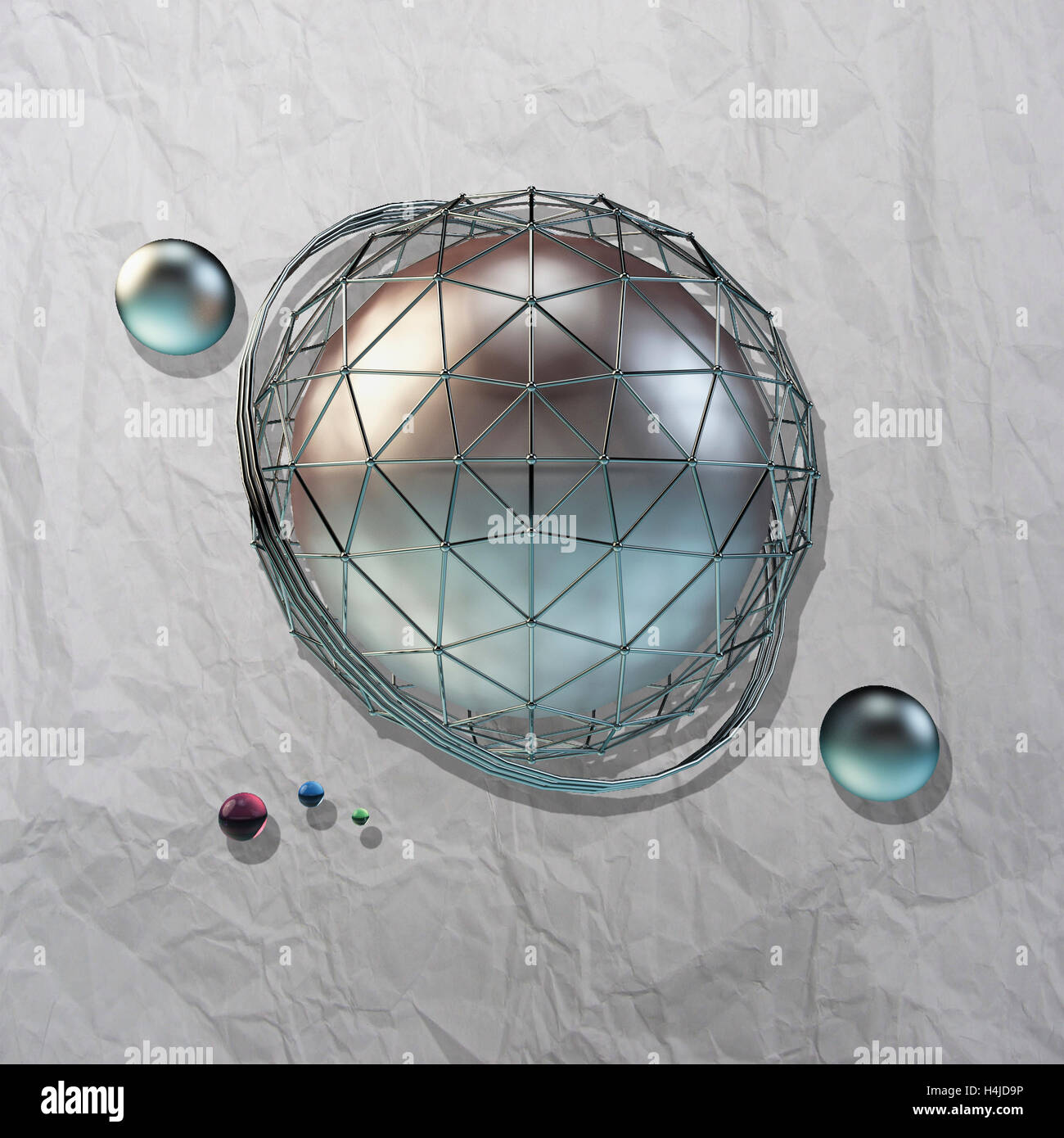 large steel sphere with a glossy color reflections in the iron lattice ...