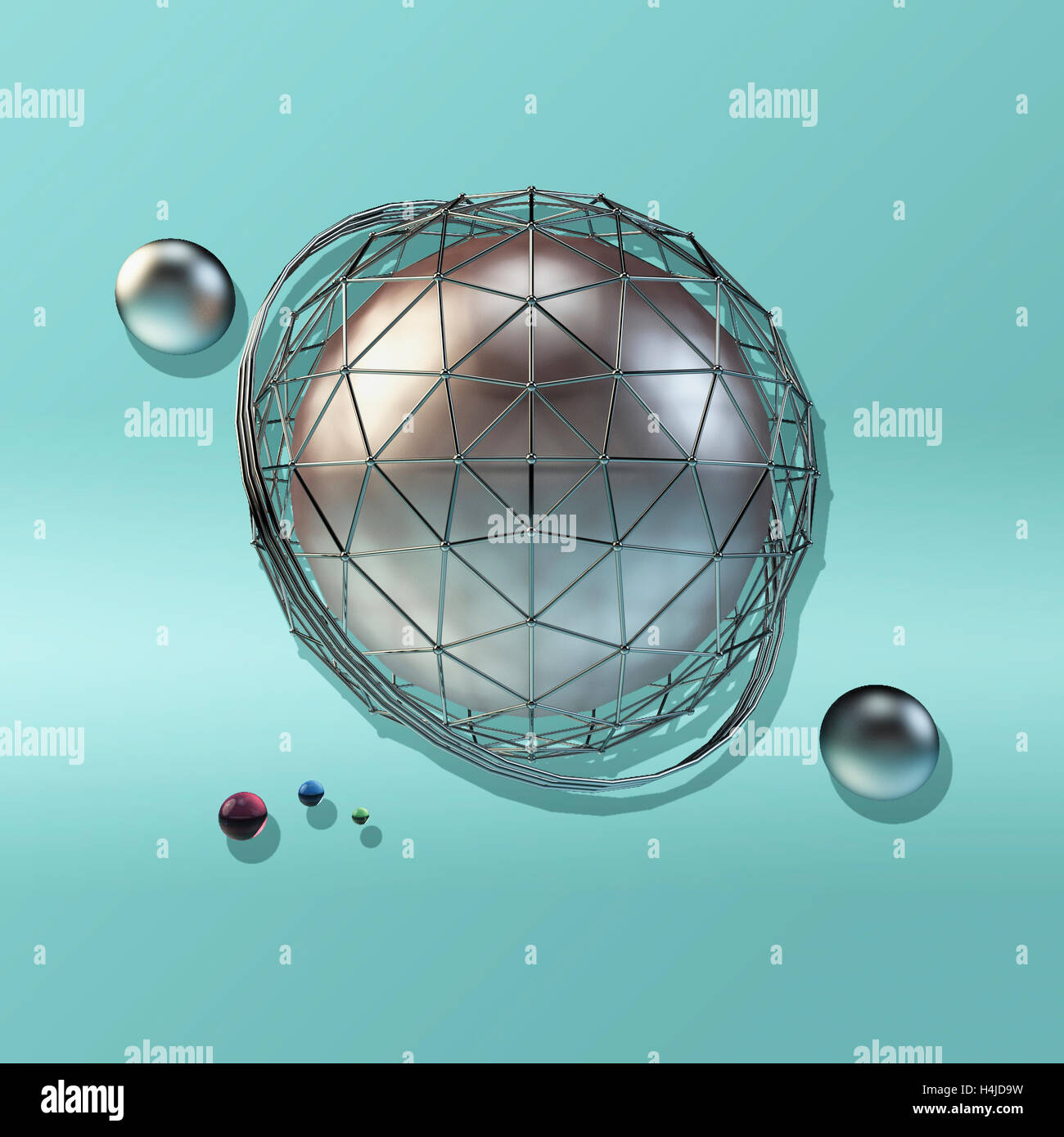 large steel sphere with a glossy color reflections in the iron lattice ...