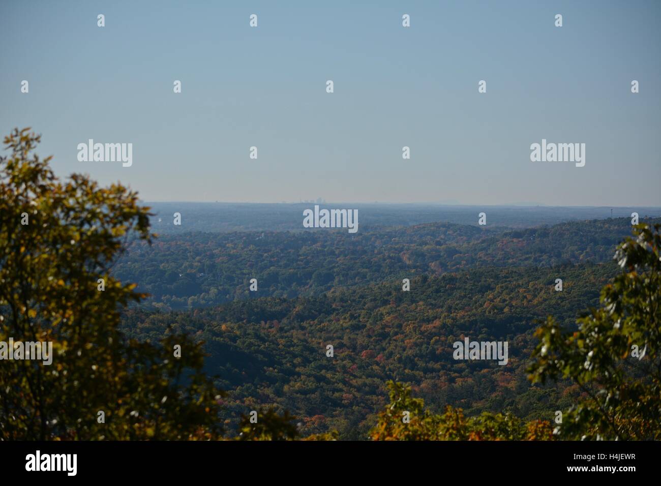 A view of the Hartford, Connecticut skyline among the fall foliage seen ...
