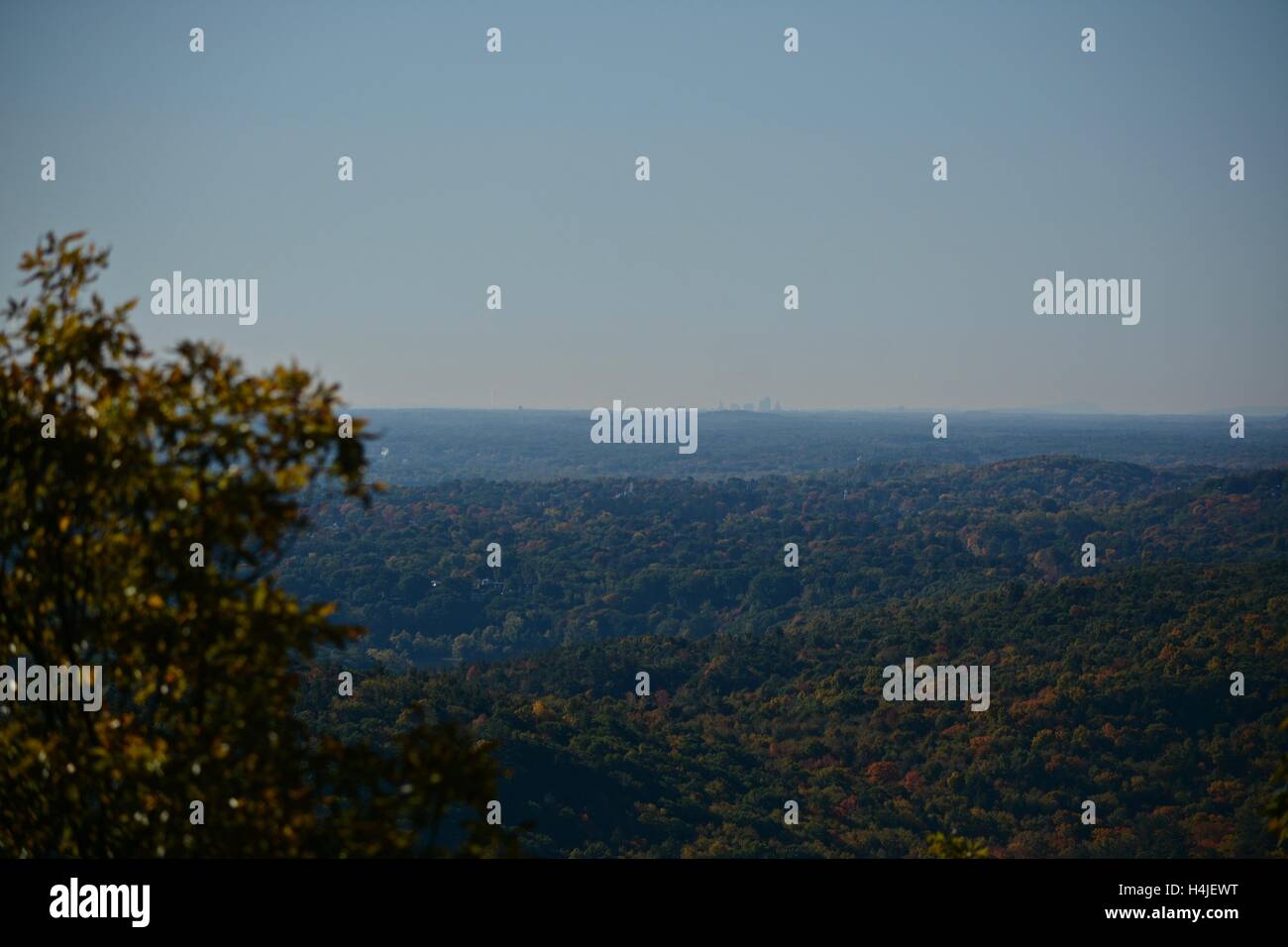 A view of the Hartford, Connecticut skyline among the fall foliage seen ...