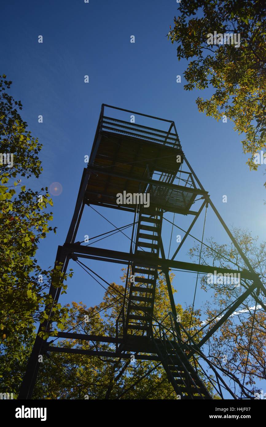 A fire tower/observation tower outlined by the sun on a clear day in Mt ...