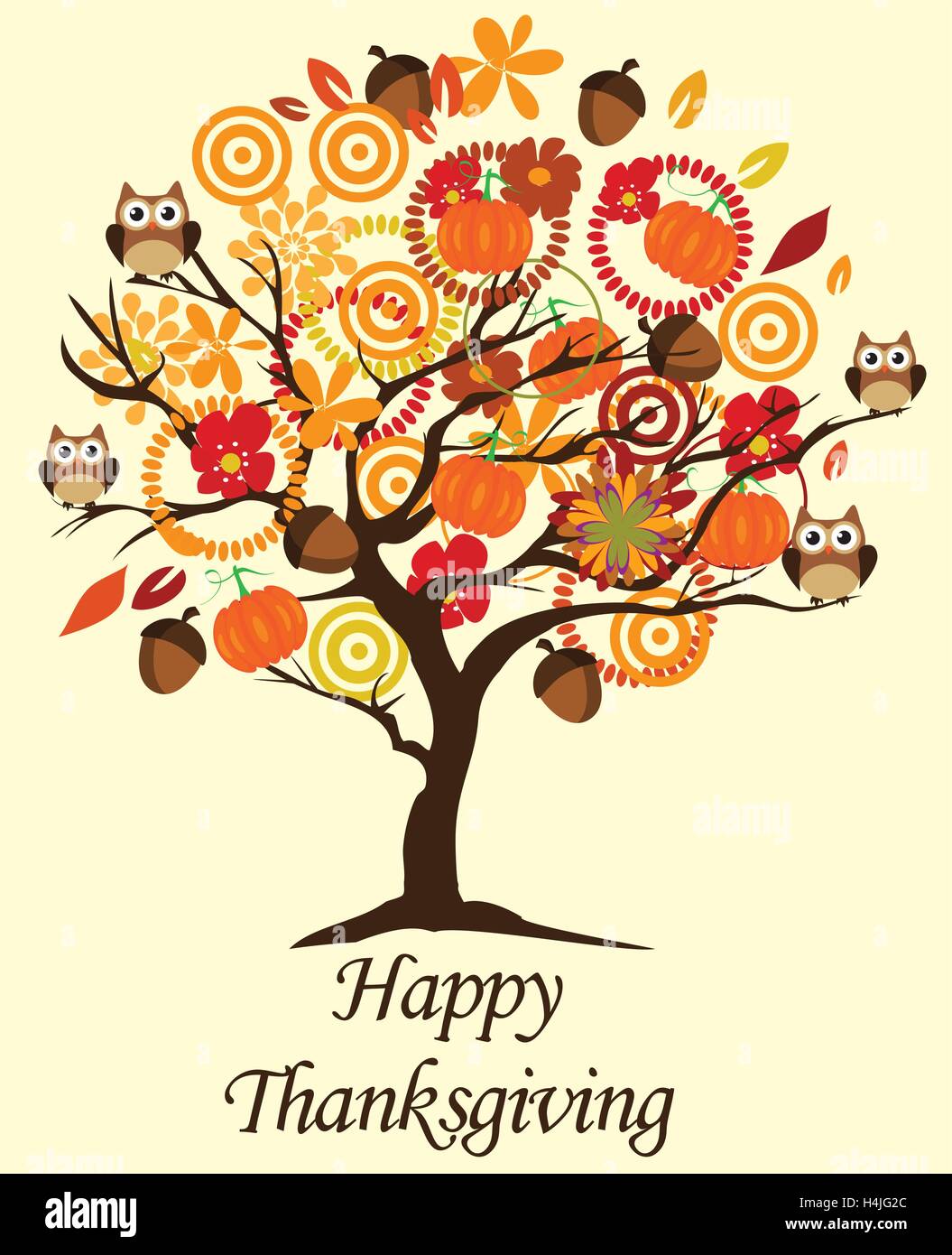 vector illustration of a thanksgiving tree with owls pumpkins leaves ...