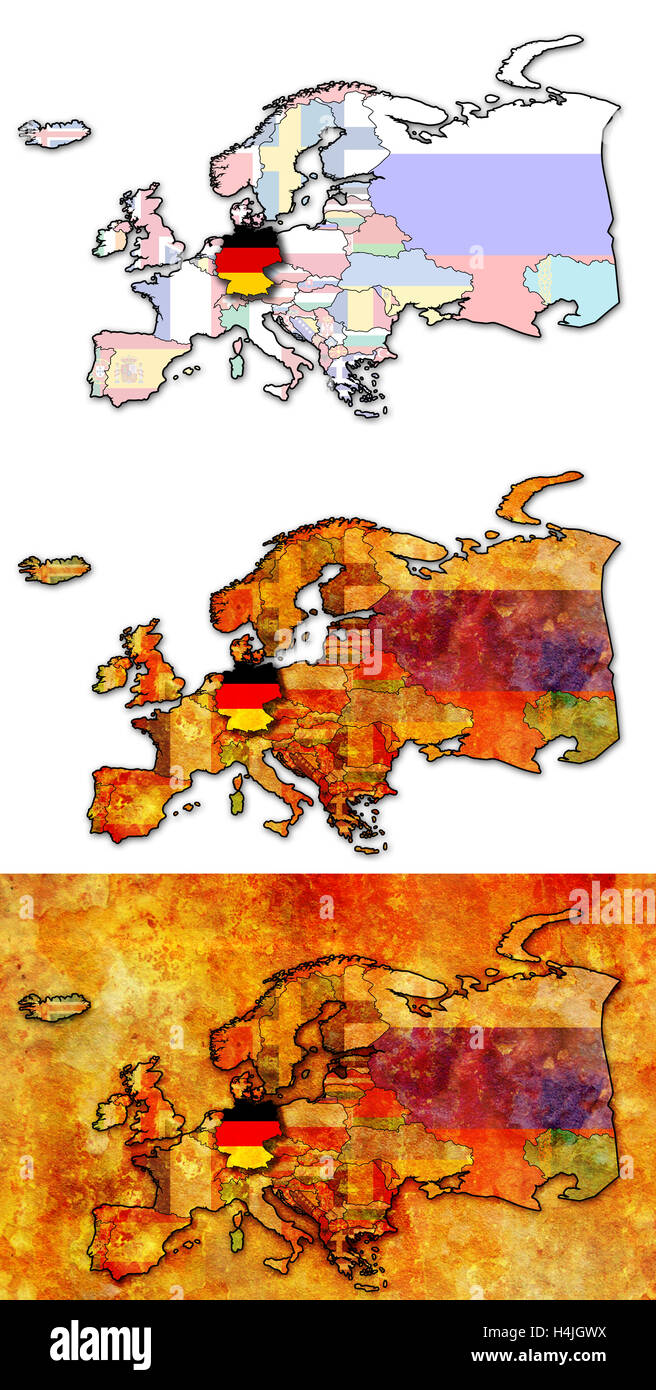 some very old grunge map of germany with flag on map of europe Stock ...