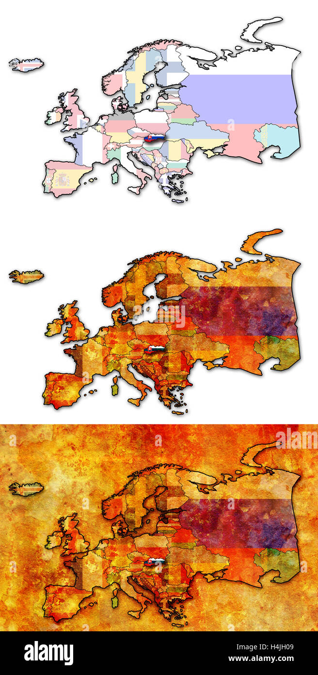 some very old grunge map of slovakia with flag on map of europe Stock ...