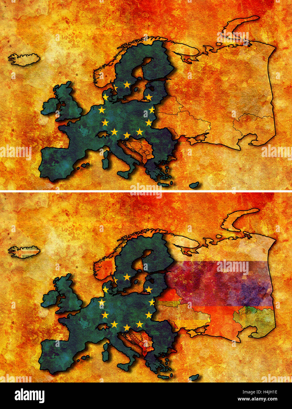 some very old grunge map of european union with flag on map of europe ...