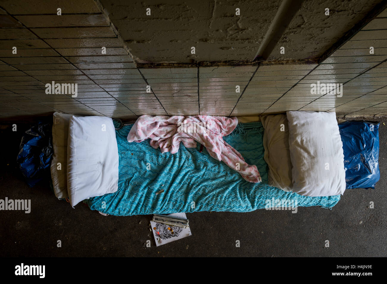 A homeless couple leave their bedding in an underpass in Sheffield ...