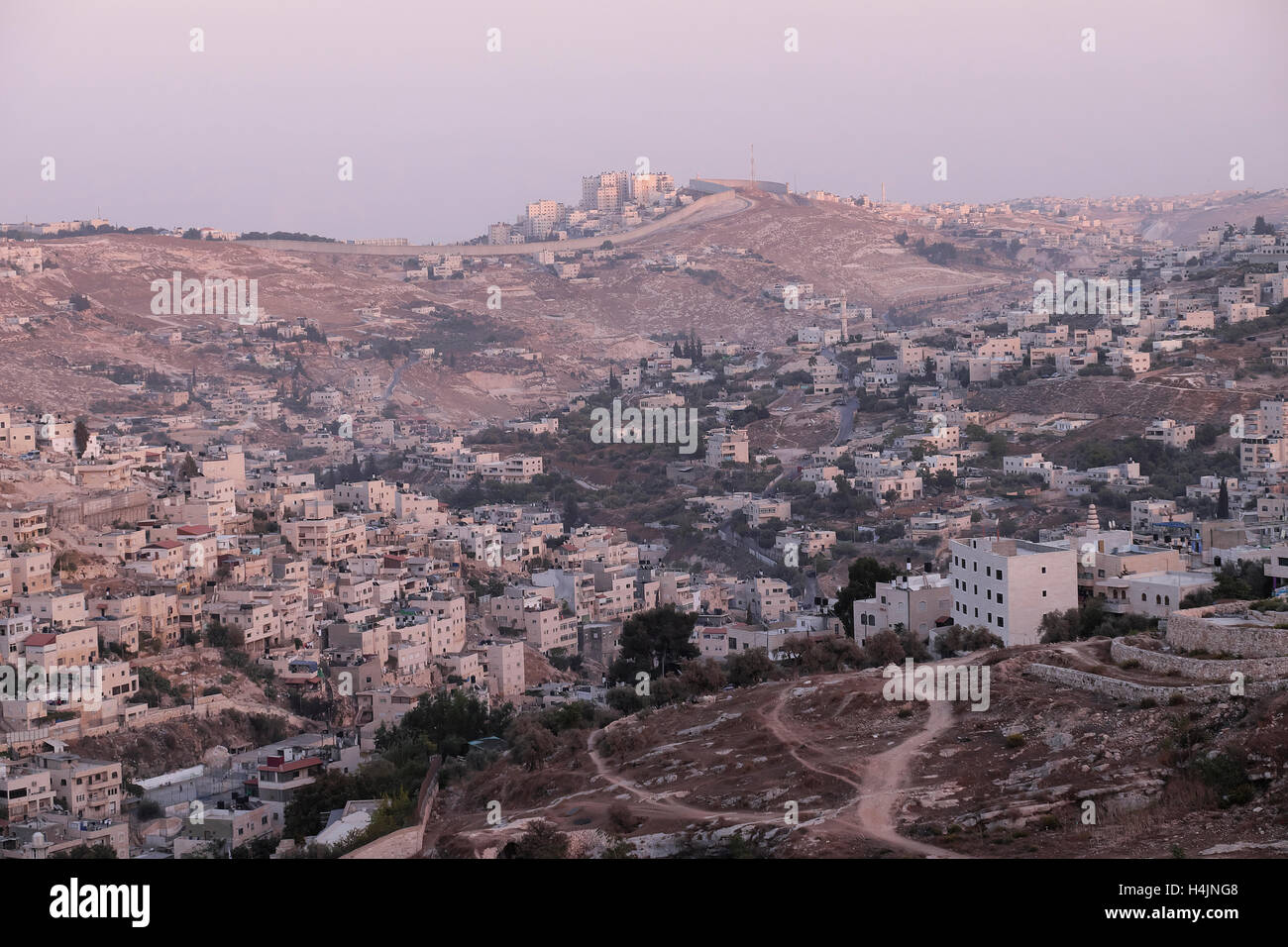 view across Hinnom valley or Wadi Rababa and the Palestinian ...