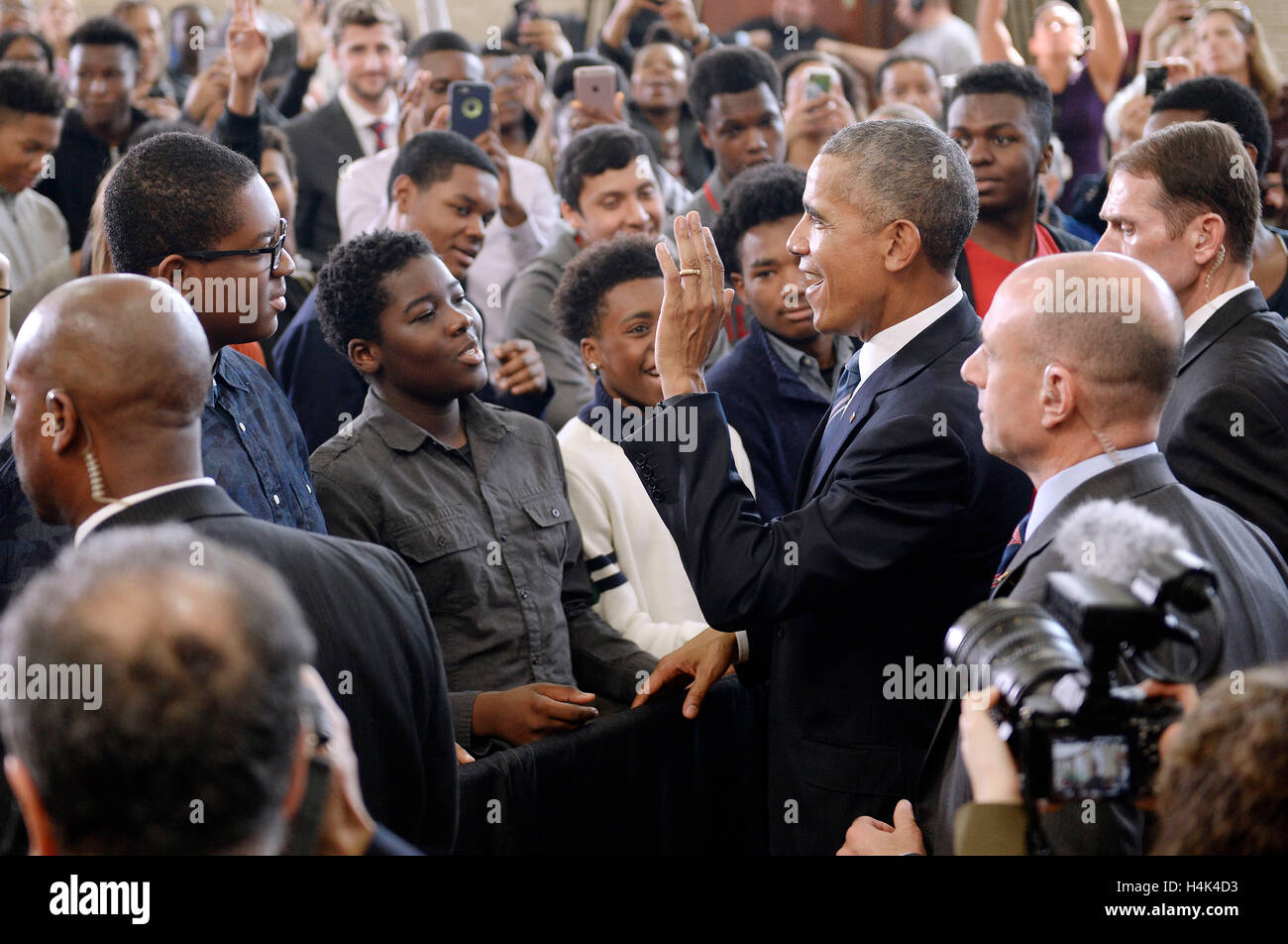 United States President Barack Obama greets students during a visit to ...