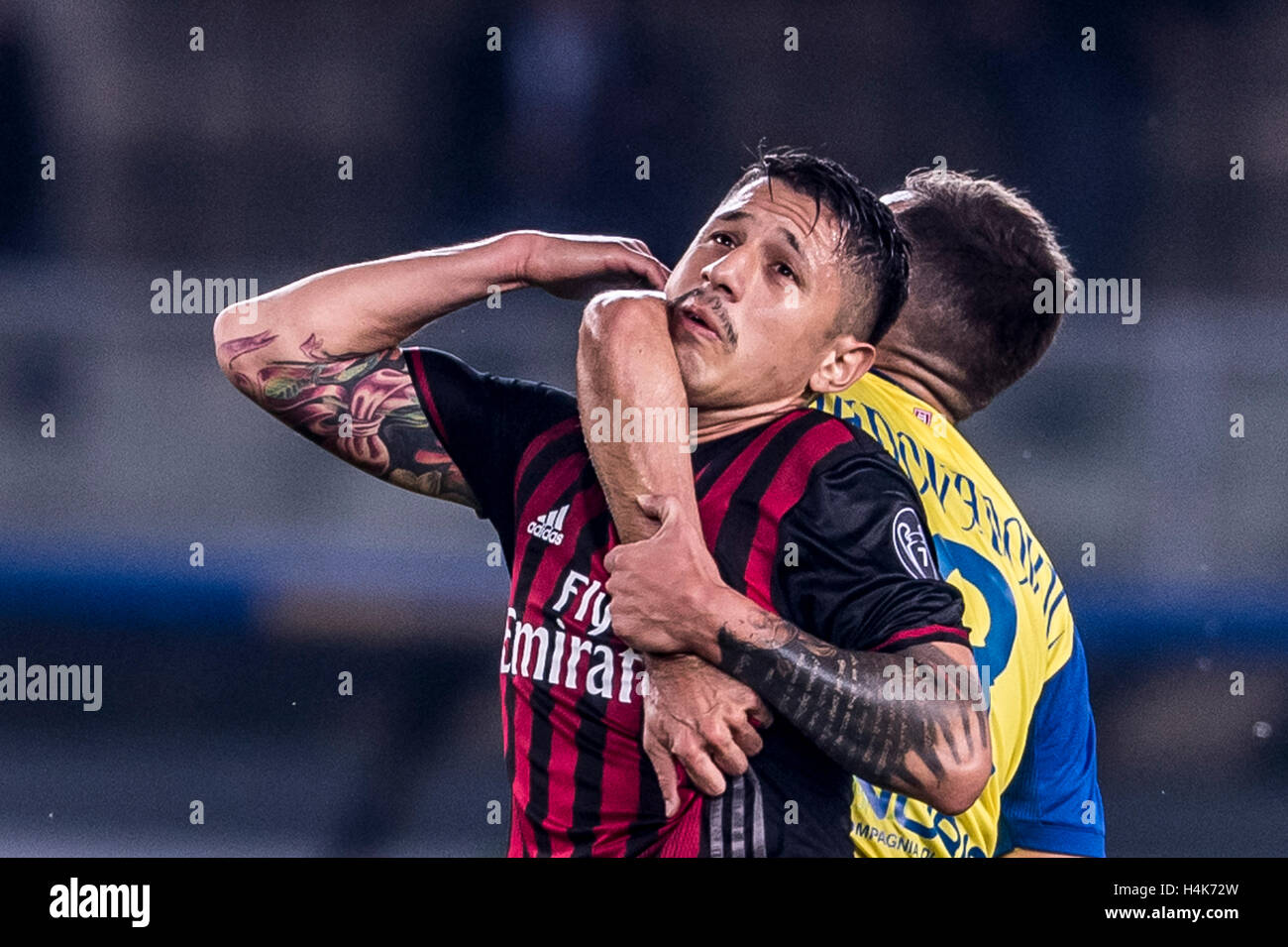 Verona, Italy. 16th Oct, 2016. Gianluca Lapadula (Milan), Ivan ...
