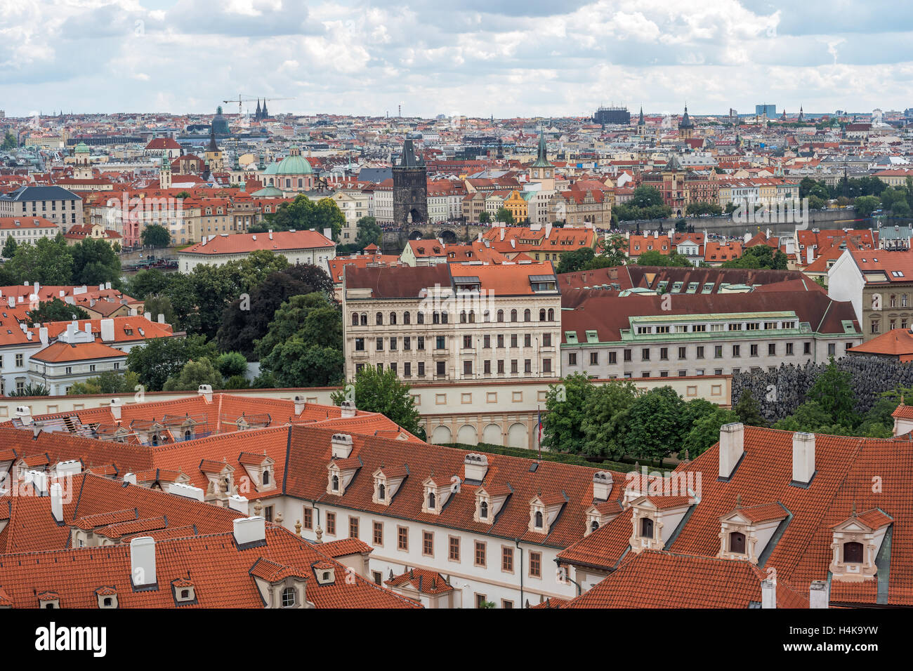 Panoramic view of Prague from castle point on cloudy day in summer ...
