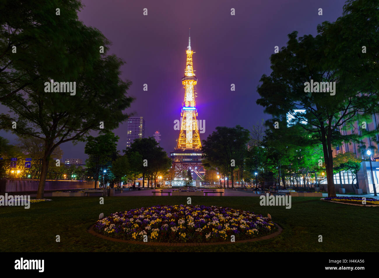 The beautiful Odori Park with TV Tower at night, Sapporo, Japan Stock ...