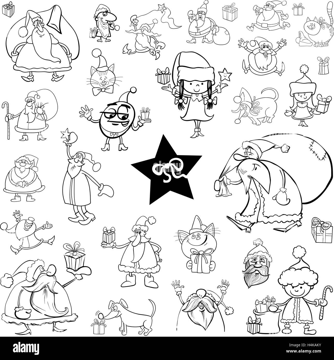 Black and White Cartoon Illustration of Christmas Characters and Themes ...