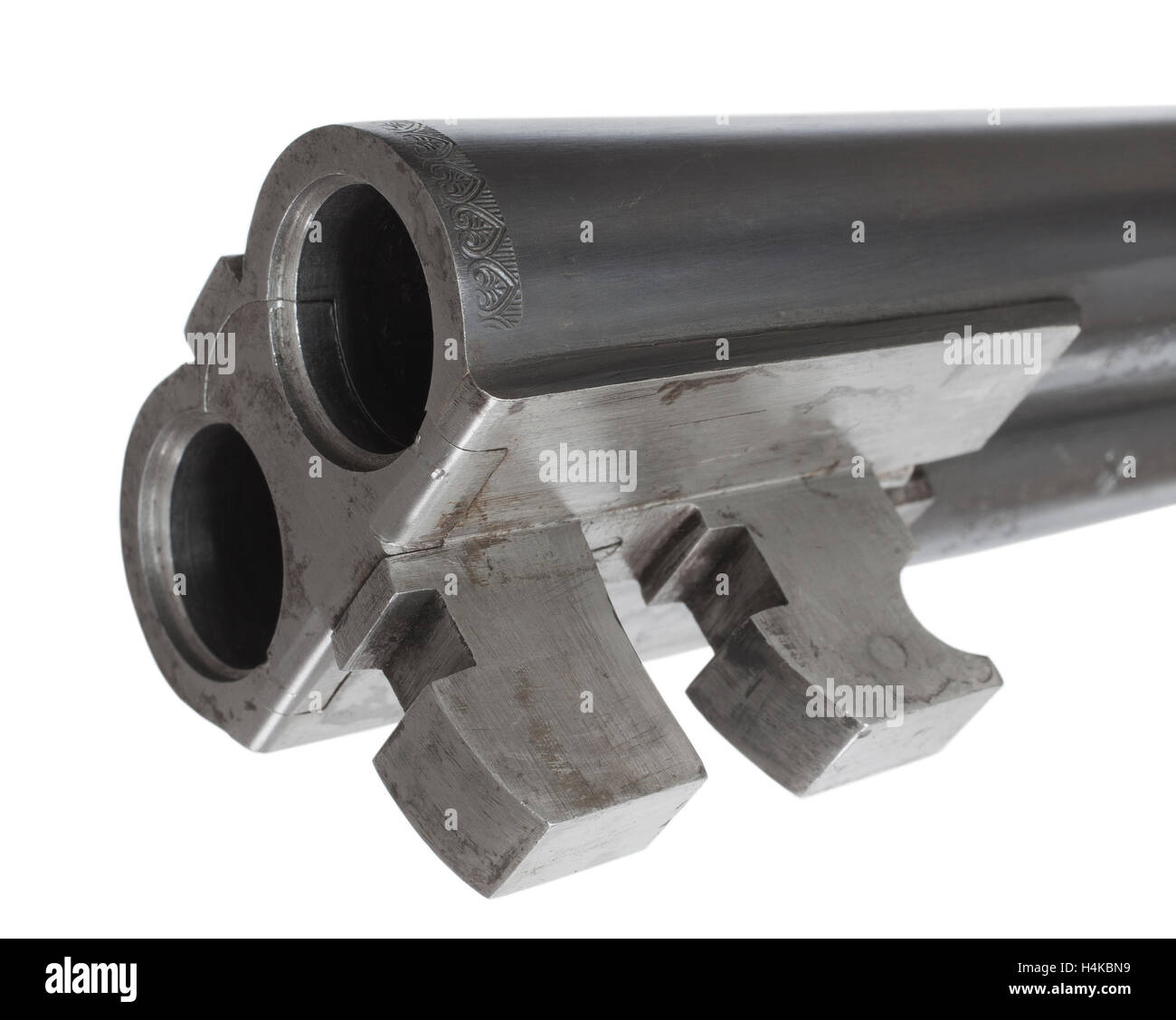 Chamber end with extractors on a double barreled shotgun isolated on ...