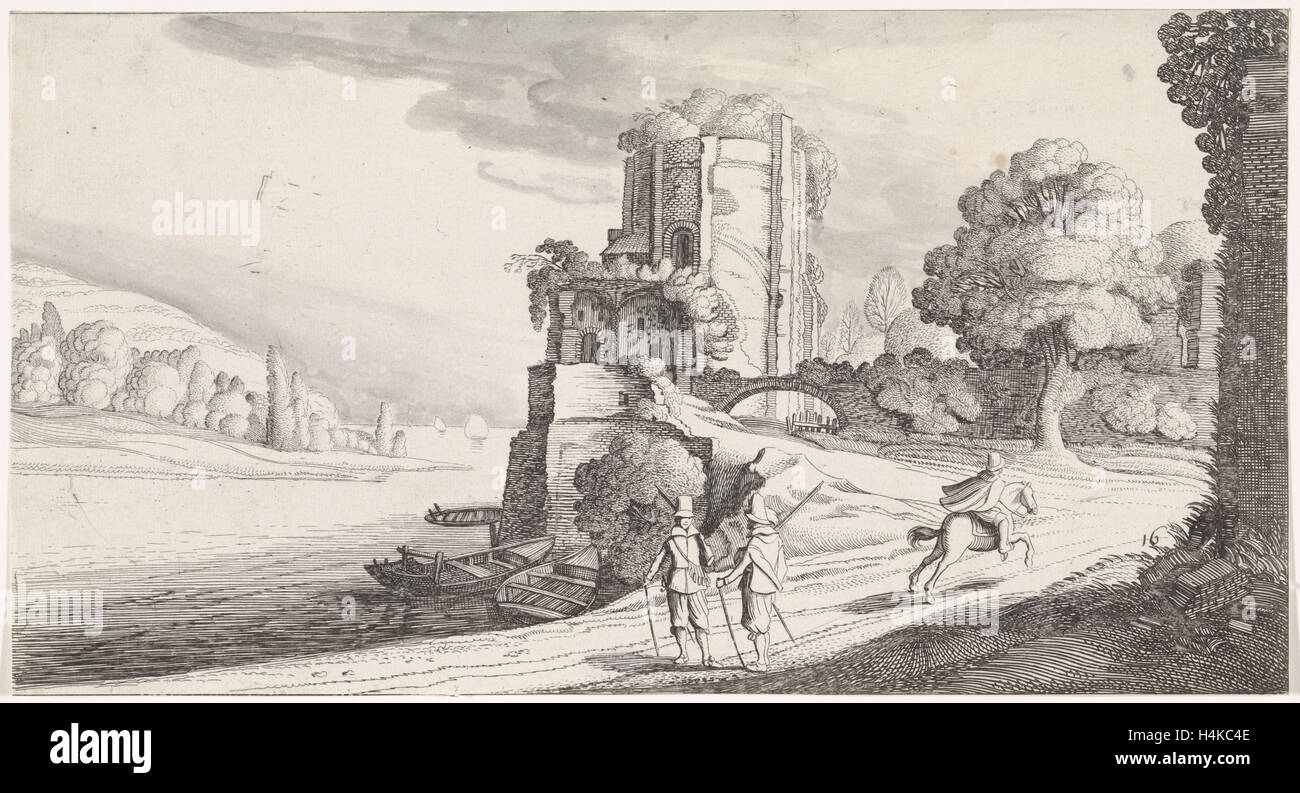 Two men conversing on a path and a rider galloping at a round tower in ...