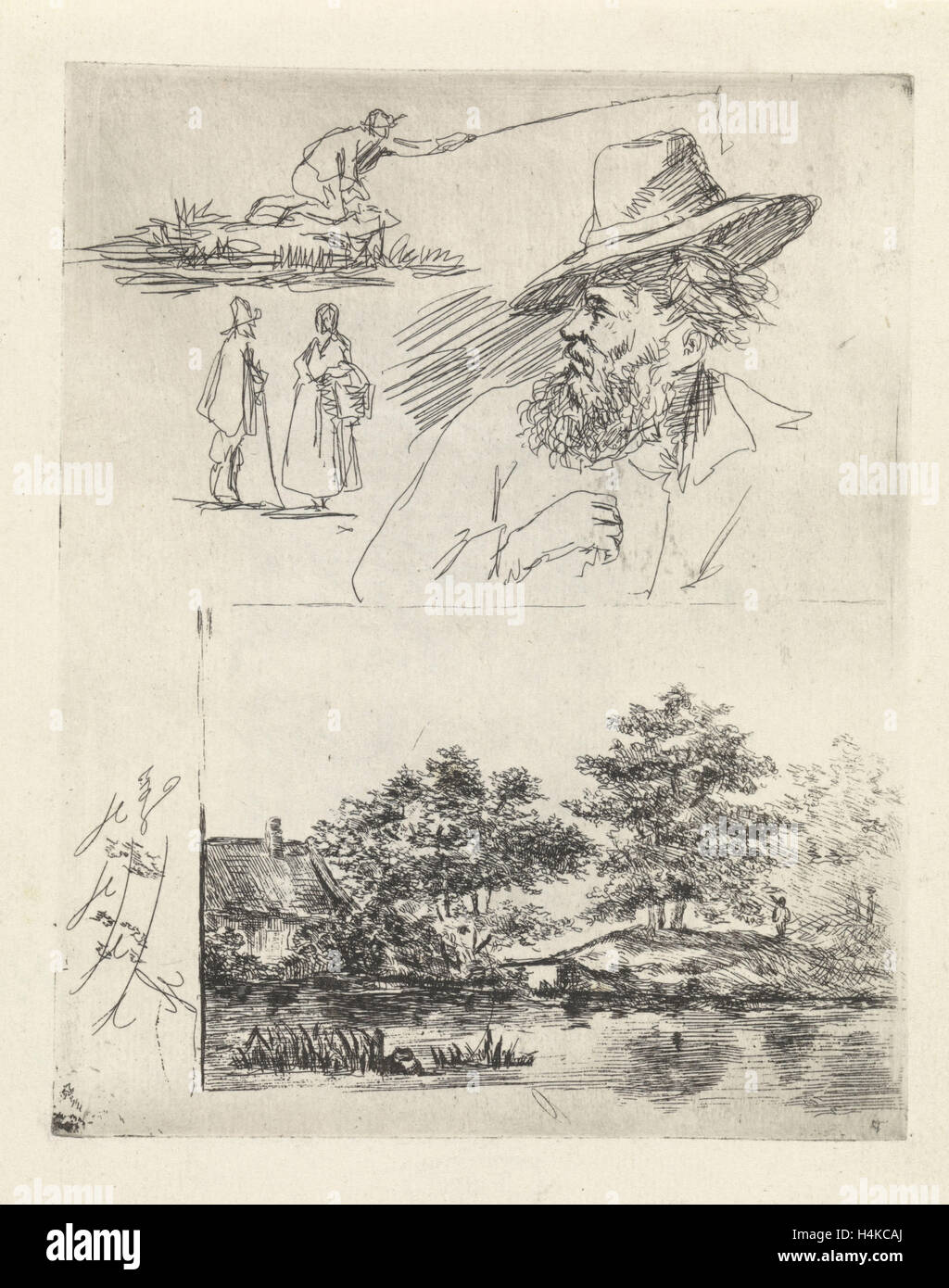 Study Sheet with four figures and a landscape, Johan Philip van der ...
